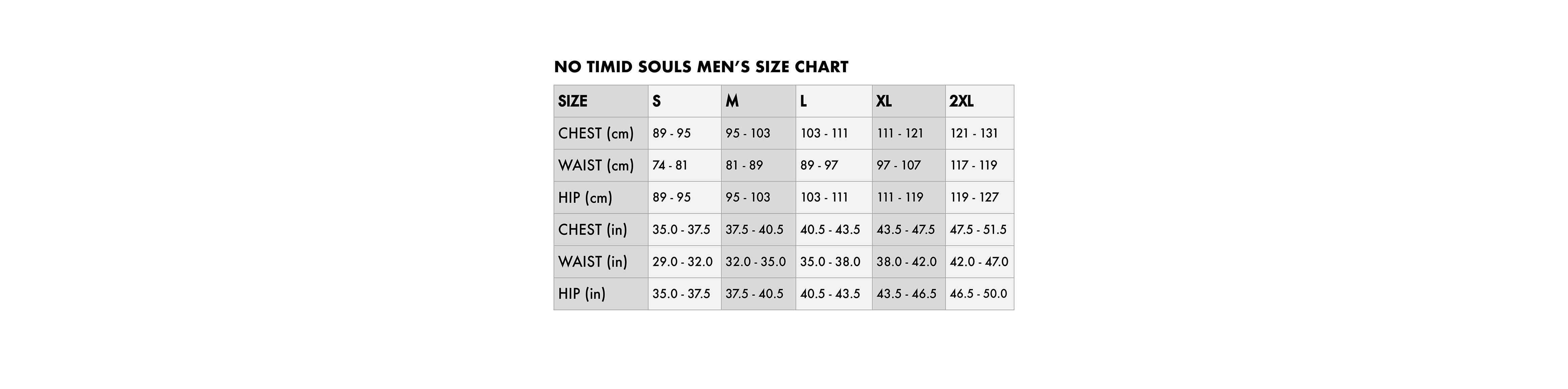 Men's Sizing Information – No Timid Souls